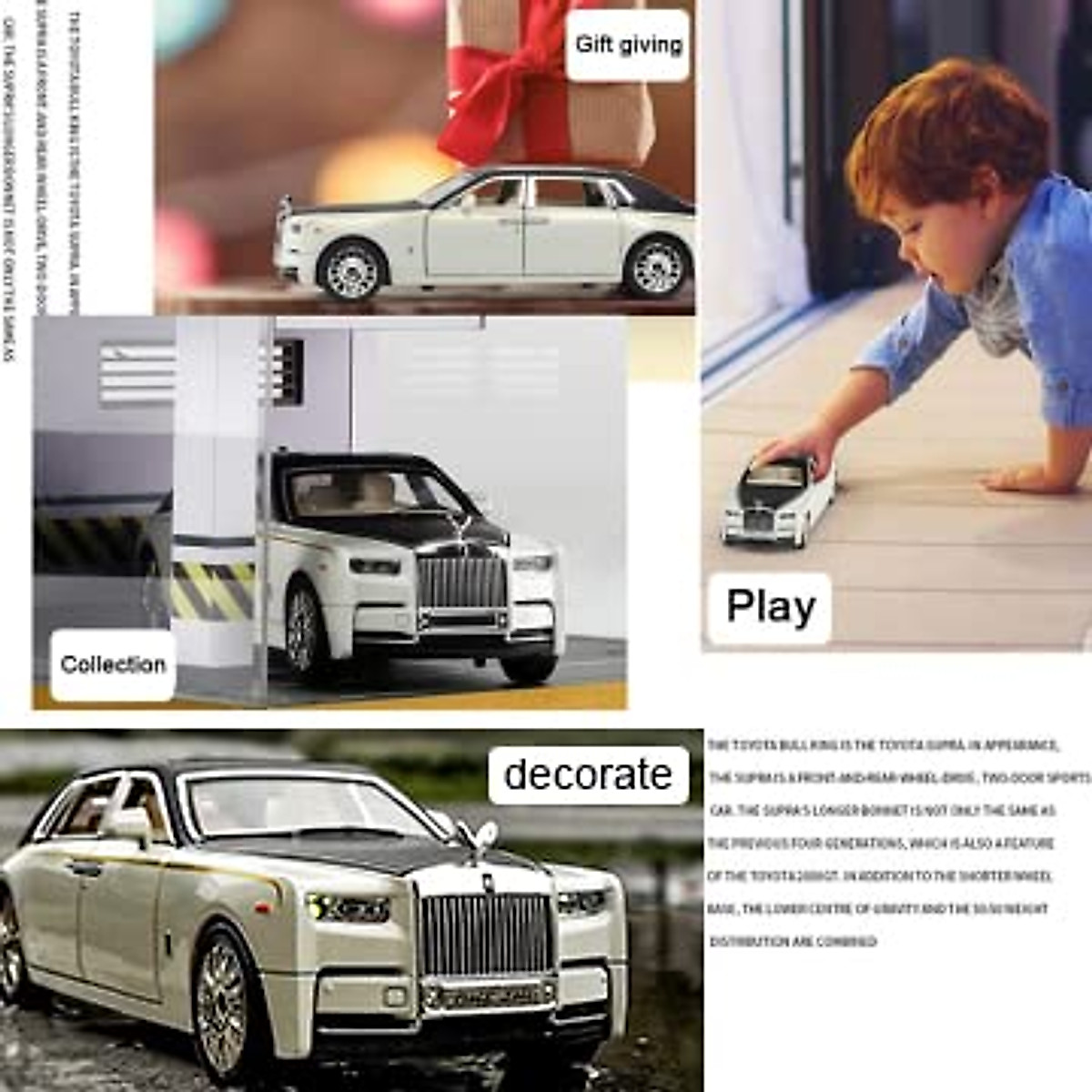 EROCK Exquisite car Model 1/24 Rolls-Royce Phantom Model Car,Zinc Alloy Pull Back Toy car with Sound and Light for Kids Boy Girl Gift. (White)
