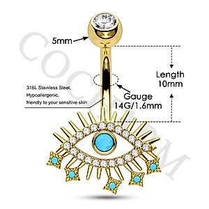 COCHARM Evil Eye Belly Button Ring Gold 14 Gauge Belly Button Rings 10MM Belly Rings for Women