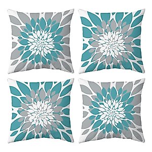 Qahing Pack of 4 Outdoor Waterproof Pillow Covers 24x24 Decorative Outdoor Throw Pillows Garden Square Cushion Cases for Patio Furniture, Couch, Tent Sunbrella, Bench, Teal Turquoise Grey