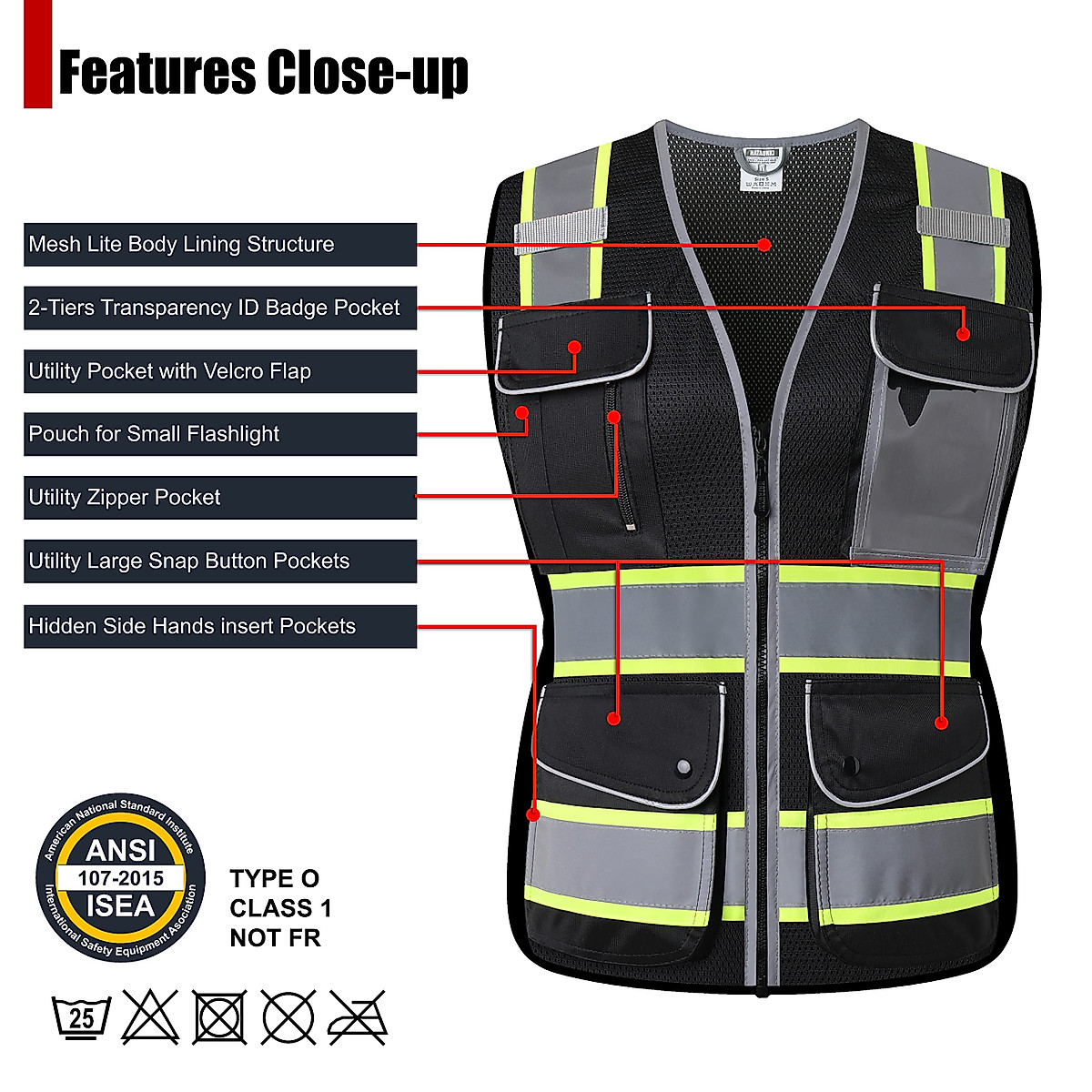 HATAUNKI High Visibility Reflection Black Mesh Safety Vests with 9 Pockets and Front Zipper, hi vis safety vest for Women, Meets ANSI/ISEA Standards(Black-16,X-Large)