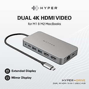 HyperDrive 4K Dual HDMI USB C Hub M1 MacBook 10in1: Dual 4K HDMI, Gigabit Ethernet, USB-A, USB-C, USB-C 100W Power Delivery, MicroSD/SD, Headphone Jack for MacBook Pro/Air(M1), Windows PC, Chromebook