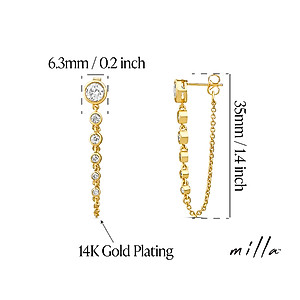 MILLA Dangle Earrings for Women - Cute Designer Earrings for Women Trendy Gold Chain Earrings & Sterling Silver Dangly Earrings (Round CZ / 14K Gold Plated)