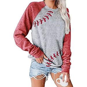 Womens Long Sleeve Shirts Baseball Clothing Creative Long-Sleeved Tops Aesthetic Tshirts Baseball Mom Shirts Red