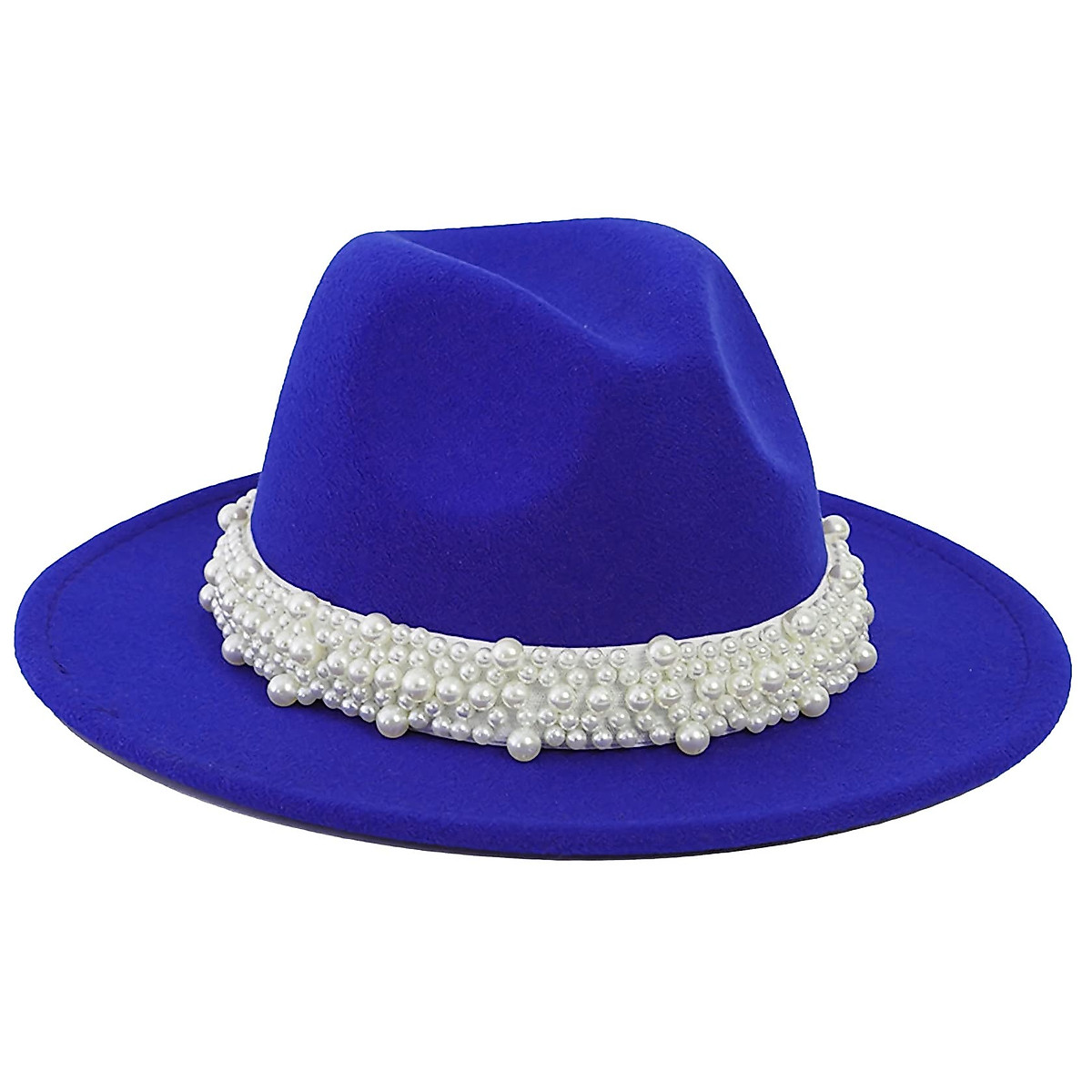 Qkrlamx Black Fedora Hats for Women Wool Panama Hat with Pearl Band Wide Brim Felt Hat Classic Trilby Hat Blue