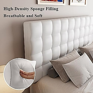 Feonase Full Size Bed Frame with Square Stitched Headboard, Faux Leather Upholstered Platform Bed Frame, High-Density Sponge Filled, Solid Wood Slats, No Box Spring Needed, Noise-Free, White