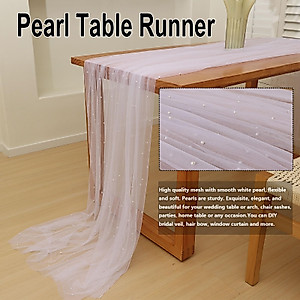 Quandjk 10 ft White Pearl Table Runner Tulle Fabric Lace Tablecloth Table Runners for Bridal Shower Birthday Party Wedding Arch Veil Dessert Table Decorations 29.5x120 Inches