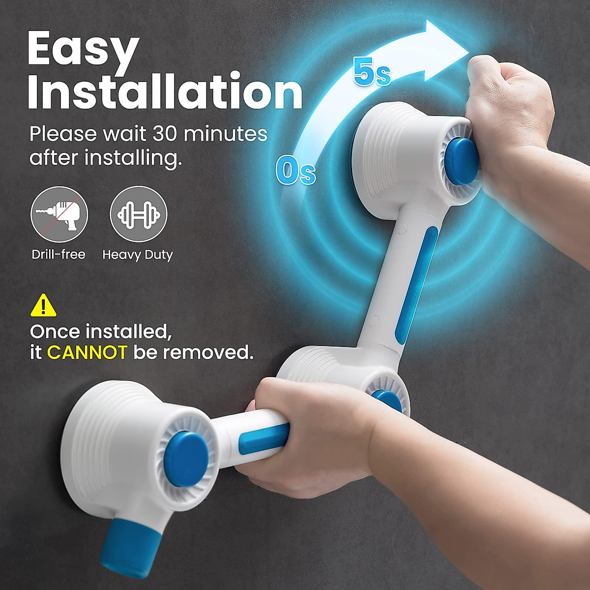 LEVERLOC Shower Safety Grab Bar Super Strong Adhesive L-Shape Handle Rail for Elderly Seniors Handicap Bathroom Bathtub Toilet Shower Balance Assist Grip Strong Suction Hold Up to 350 LBS Drill-Free