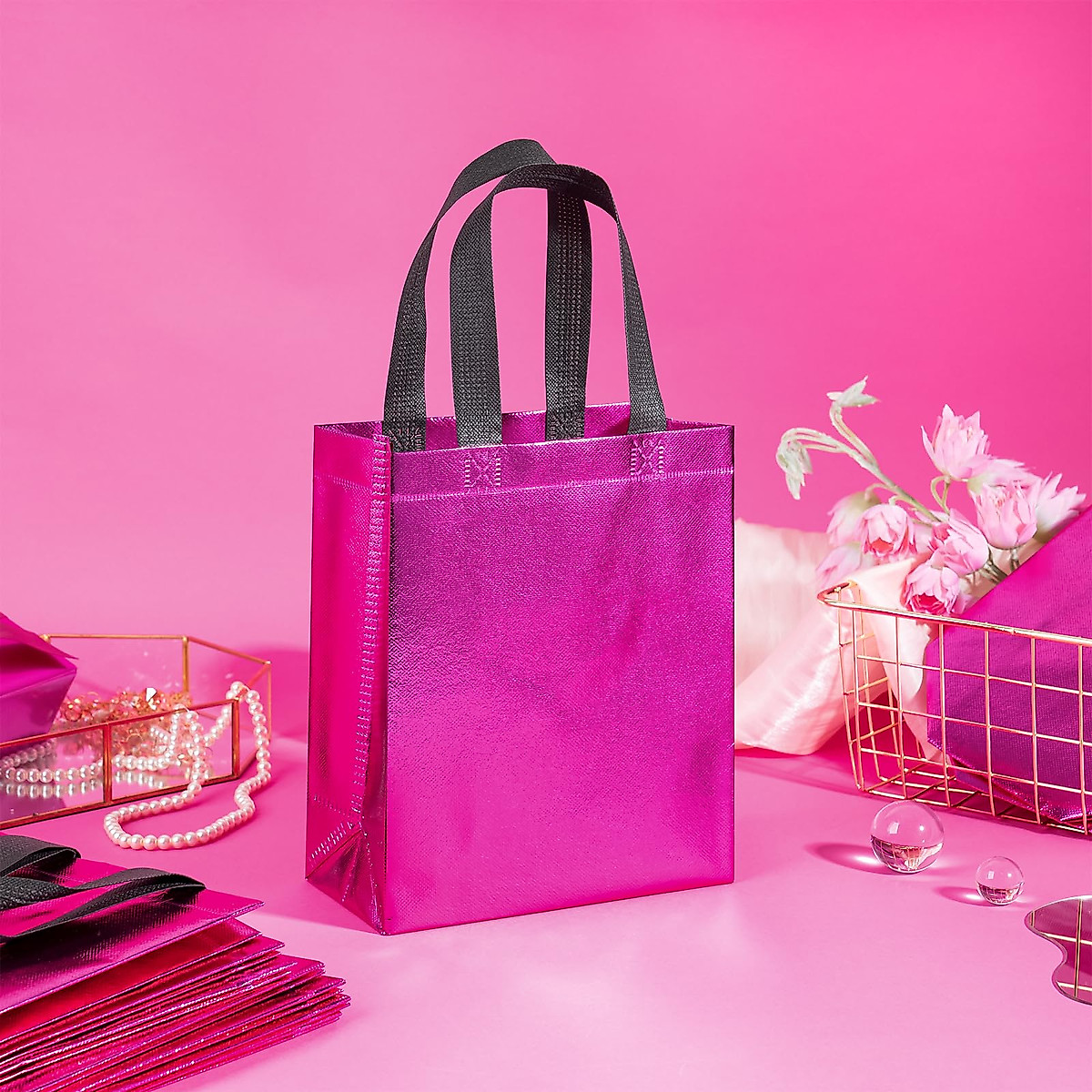 WRAPAHOLIC 12 Pack Reusable Hot Pink Gift Bag with Handles - Medium Size 8 x 4 x 10 inch - Perfect for Baby Gift Bags, Shopping Bag, Goodie Bags, Party Favor Bags