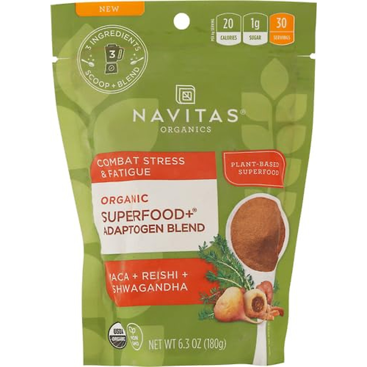 Navitas Organics Superfood+ Adaptogen Blend for Stress Support (Maca + Reishi + Ashwagandha), 6.3oz bag, 30 Servings — Organic, Non-GMO, Vegan, Gluten-Free, Keto & Paleo.