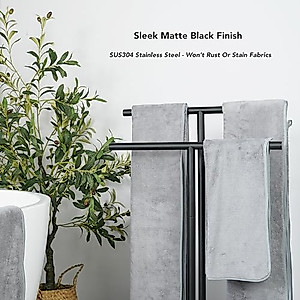 WISATO - Free Standing Towel Rack for Bathroom - Stand Alone 2 Tier Stainless Steel Towel Rack for Bathroom Floor with Heavy Marble Base & Matte Black Finish - Double T Shape Drying Stand for Towels
