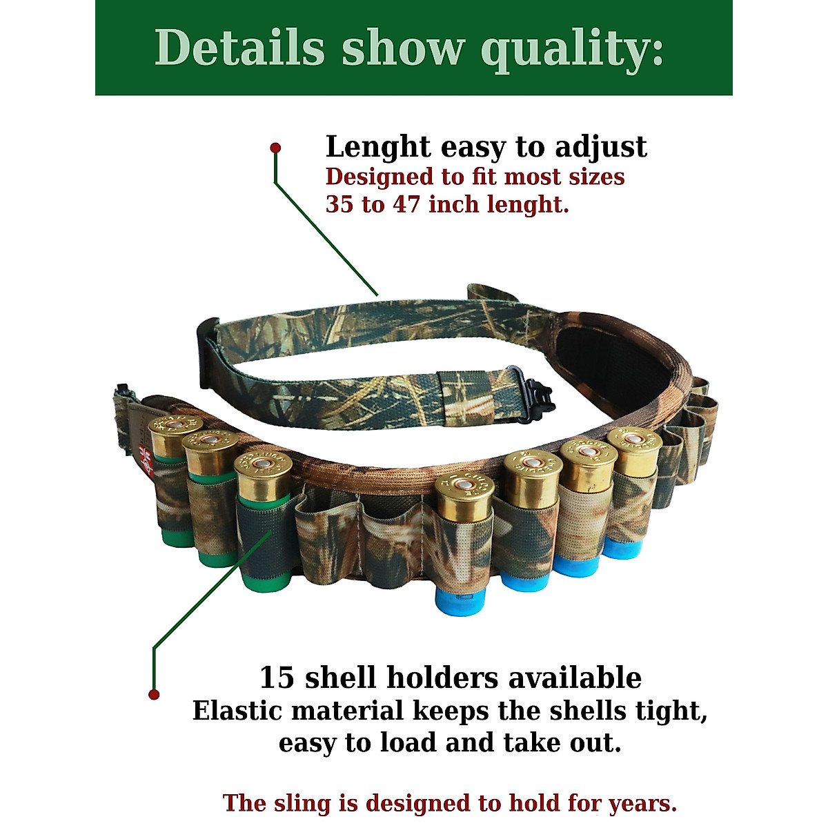 Underalert Shotgun Sling 12 Gauge with 15 Shell Holders, Adjustable Gun Sling with Thumb Loop and Built-in Swivels, 12ga Shotgun Strap for Hunting Turkeys, 2 Point Shot Gun Bandolier (Waterfowl Camo)