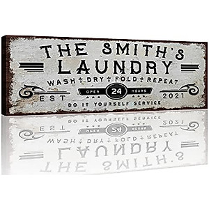 TAILORED CANVASES Personalized Laundry Sign - Large Canvas Wall Art Decor and Accessories for Laundry Room, Business and Farmhouse - Rustic Wall Decoration, Family Name Wash Dry Fold Repeat, 36"x12"