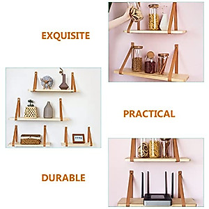 Cabilock Shelves 1 Set of Leather Wooden Shelf Wall Hanging Shelf Wooden Floating Shelf Decorative Bookshelf Rustic Storage Shelf for Home Bedroom Living Room Decorations Floating Shelves