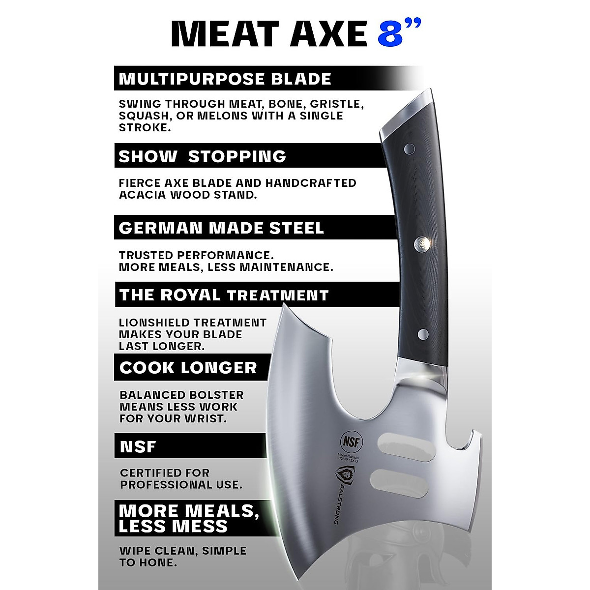 Dalstrong Meat Chopper Axe - 8 inch - Heavy-Duty Giftable Butcher Cleaver Knife - The Punisher - Gladiator Series Elite R - Black G10 Handle - Stand and Sheath