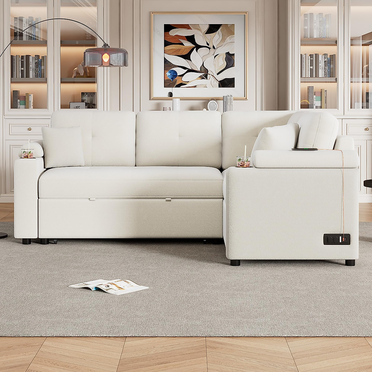 P PURLOVE Sectional Sofa with Pull-Out Sofa Bed, Boucle L-Shape Sleeper Sofa with Wheels, USB Charging Port and Power Sockets, Modern Upholstered Couch for Living Room, Bedroom, Apartment (Beige)