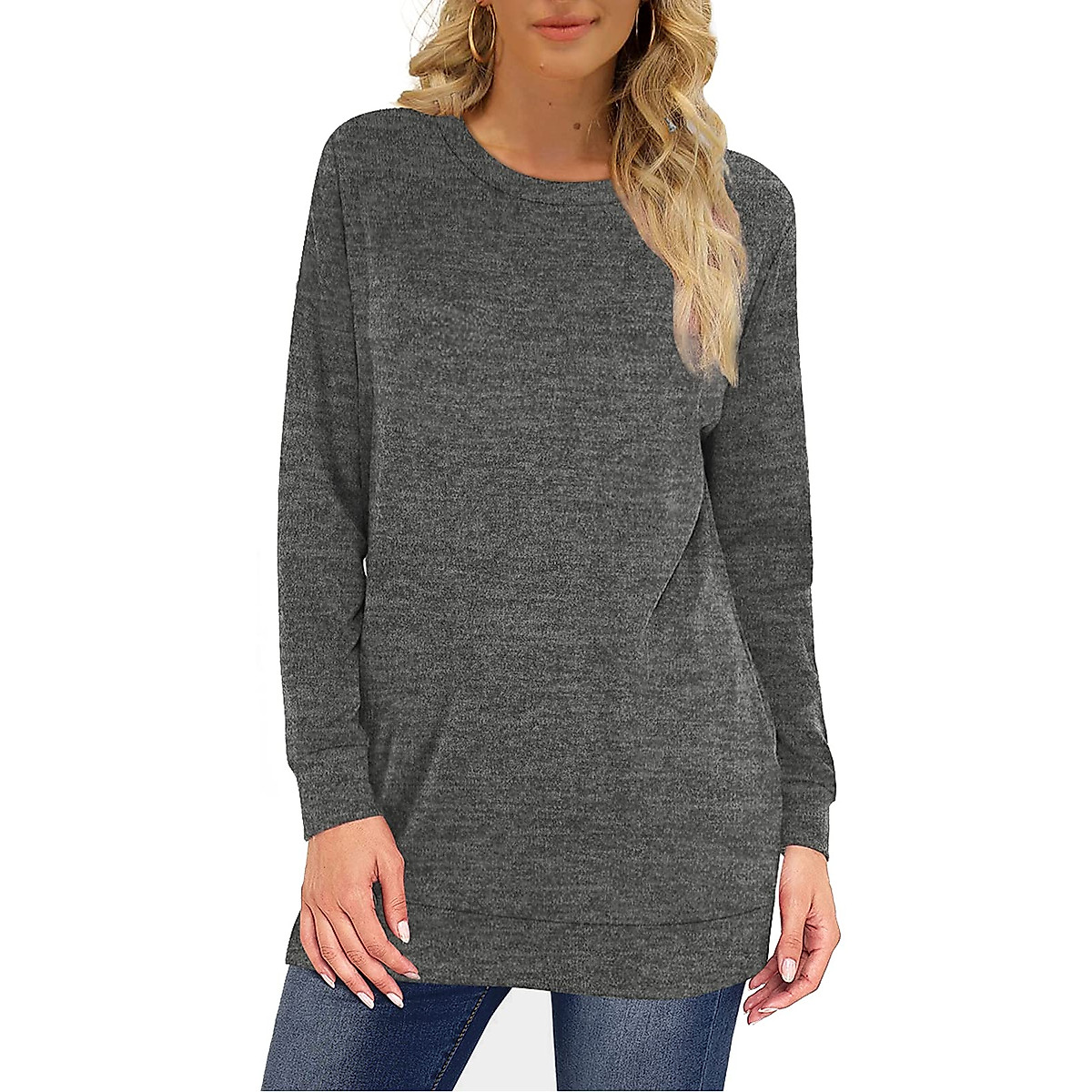 OFEEFAN Tunic Tops for Leggings for Women Crew Neck Womens Sweatshirts Casual Tops L