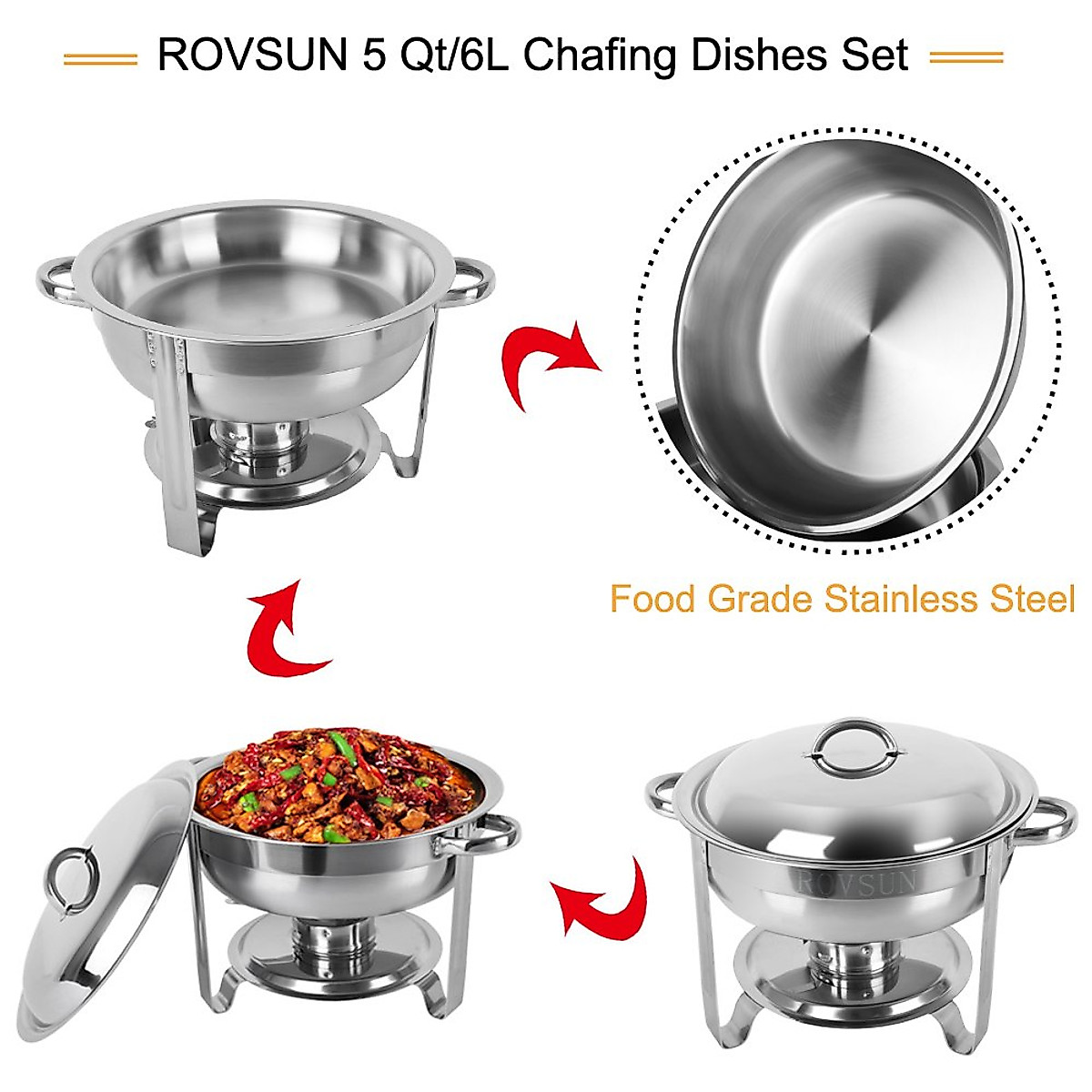 ROVSUN 5 Qt 2 Packed Full Size Stainless Steel Chafing Dish Buffet Set, NSF Silver Round Catering Warmer Set with Food and Water Trays, Mirror Cover, Thick Stand Frame for Kitchen Party Banquet