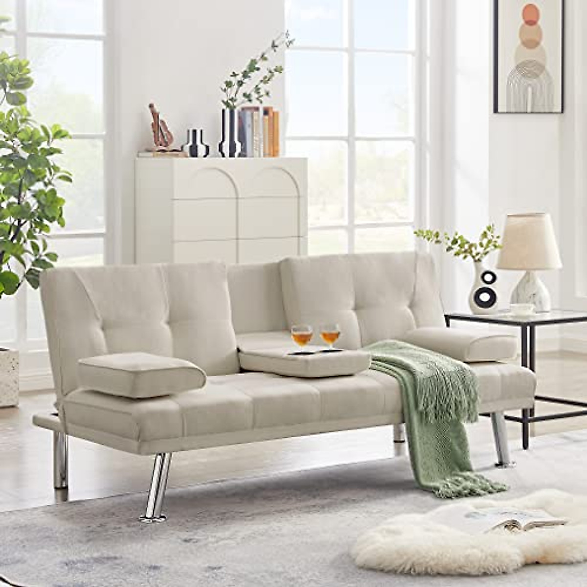 Verfur Convertible Futon Bed with Cupholders,Modern Upholstered Loveseat Sleeper, Folding Lounge Recliner Comfy Sofa & Couches Sofabed, White