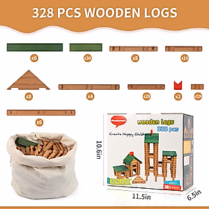 Wondertoys 328 Pcs Wooden Logs Set Ages 3+, Classic Building Log Toys for Kids, Creative Construction Engineering Educational Gifts