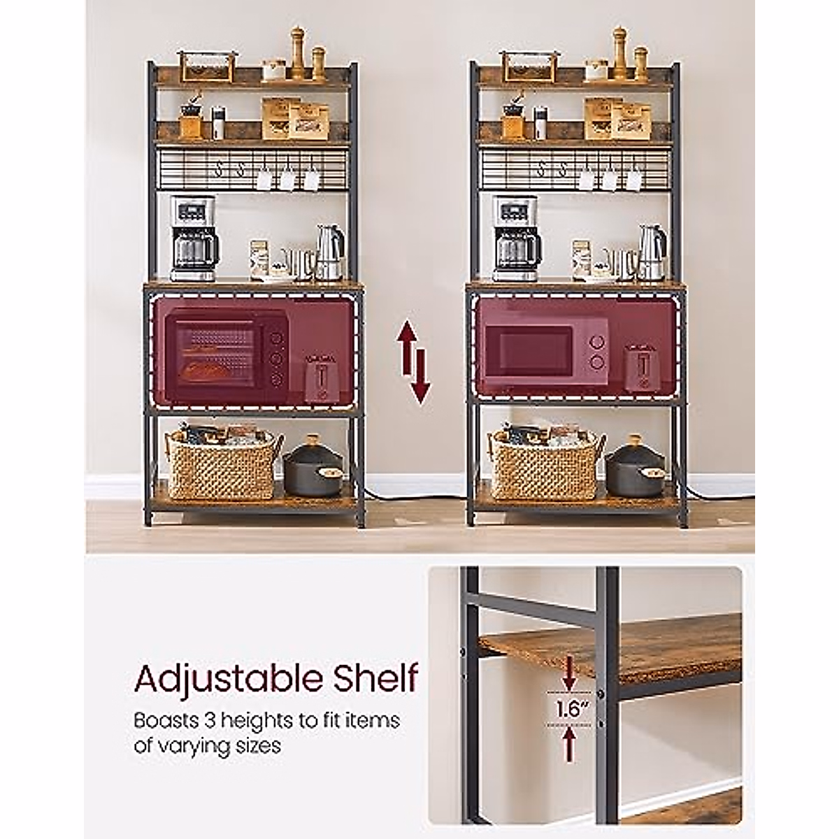 VASAGLE Hutch Bakers Rack with Power Outlet, 14 Hooks Microwave Stand, Adjustable Coffee Bar with Metal Wire Panel, Kitchen Storage Shelf, 15.7 x 31.5 x 66.9 Inches, Rustic Brown and Black UKKS025B01