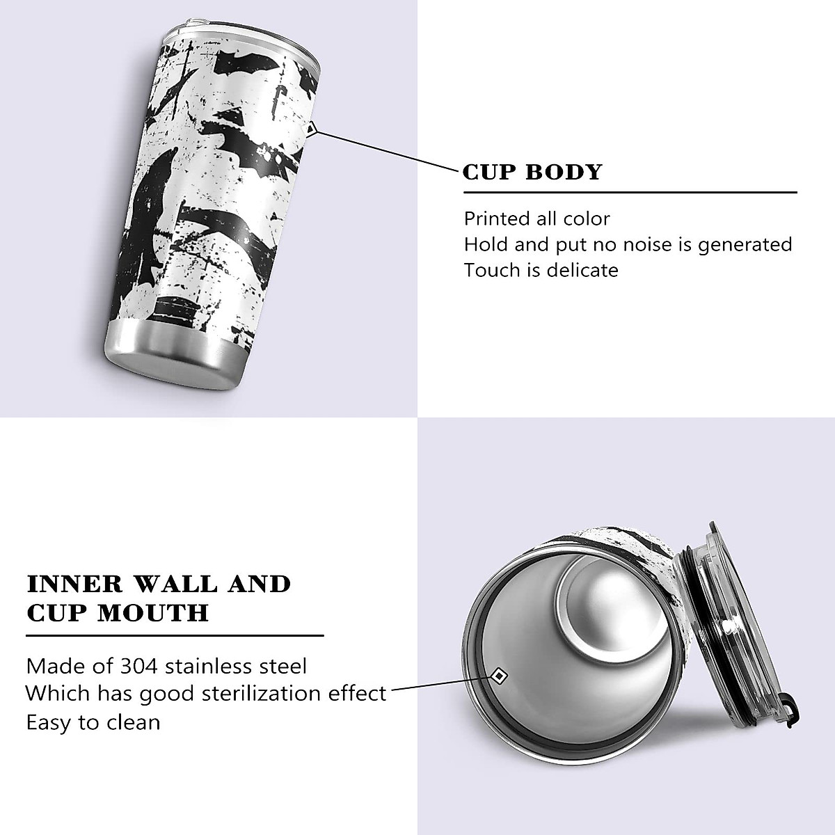 Yasala Halloween Tumbler Retro Black Bats Insulated Coffee Cup Beverage Container Office Travel Mug with Straw and Lid 20oz Holiday Back to School Day of The Dead Gift