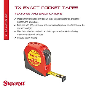 Starrett Exact Retractable Metric Pocket Tape Measure with Nylon Coating, Self Adjusting End Hook, and Steel Belt Clip - 1/2" Width x 3.5m Length - KTX12-3.5M-N