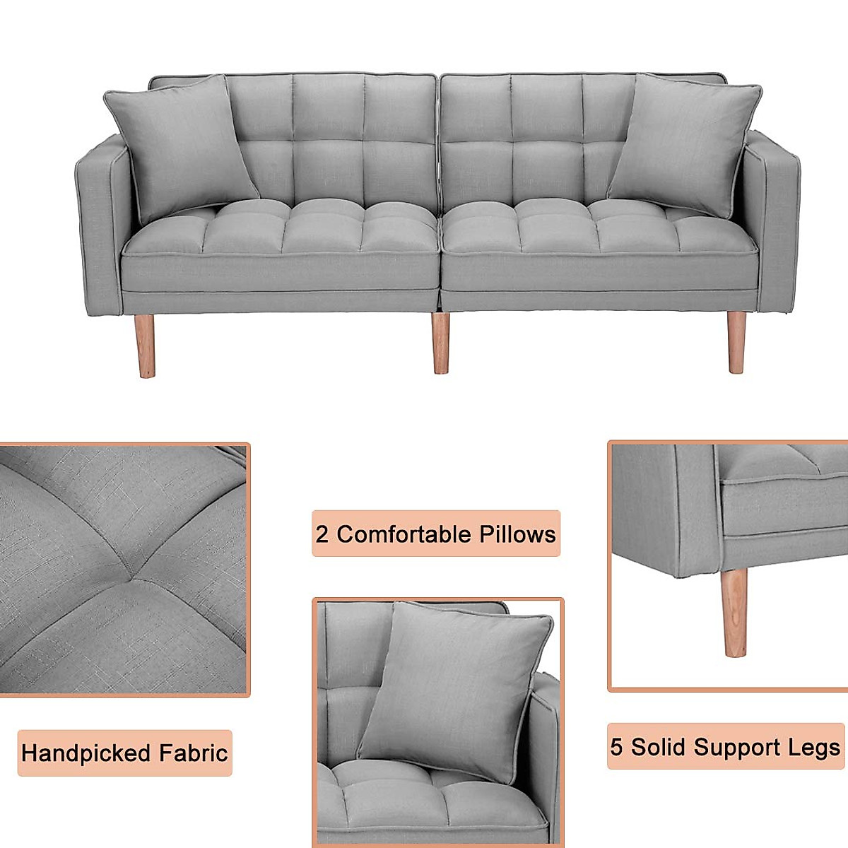 SLEERWAY Modern Futon Sofa Bed, Convertible Sleeper Sofa with Armrests and 2 Pillows, Recliner Couch with 5 Solid Wooden Legs, Twin Size Sofa for Living Room Handpicked Fabric (Light Grey)