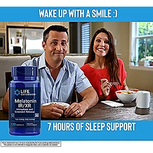 Life Extension Melatonin IR/XR 120 Capsules - Immediate & 7 Hour Extended-Release - Night Time Supplement - Supports Staying Asleep - Non-GMO, Gluten-Free