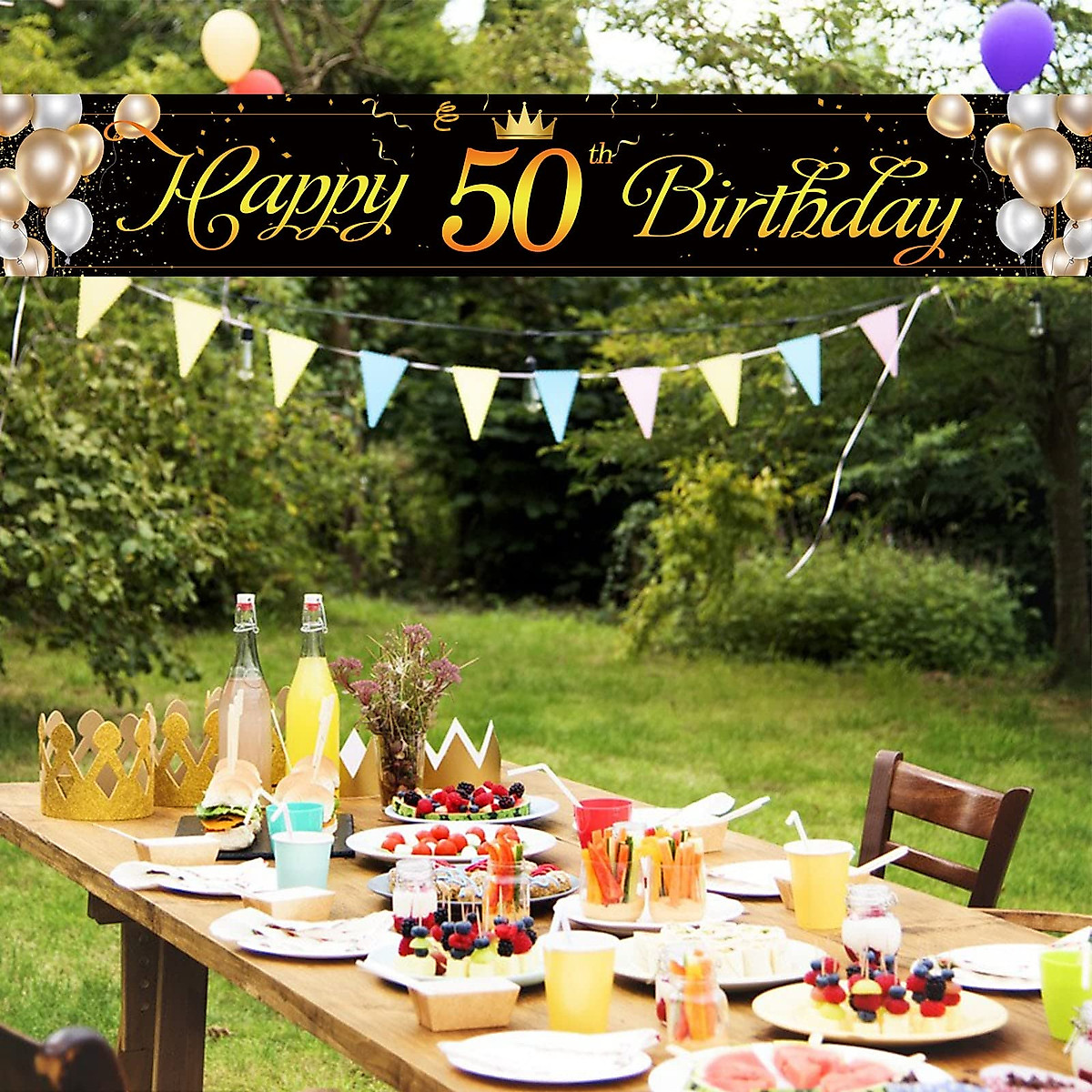 Mocossmy Happy 50th Birthday Yard Banner,9.8x1.6 Ft Large Black Gold Happy Birthday Yard Sign Porch Photography Background Backdrop for Women Men Gifts Home Outdoor Birthday Party Supplies Decoration