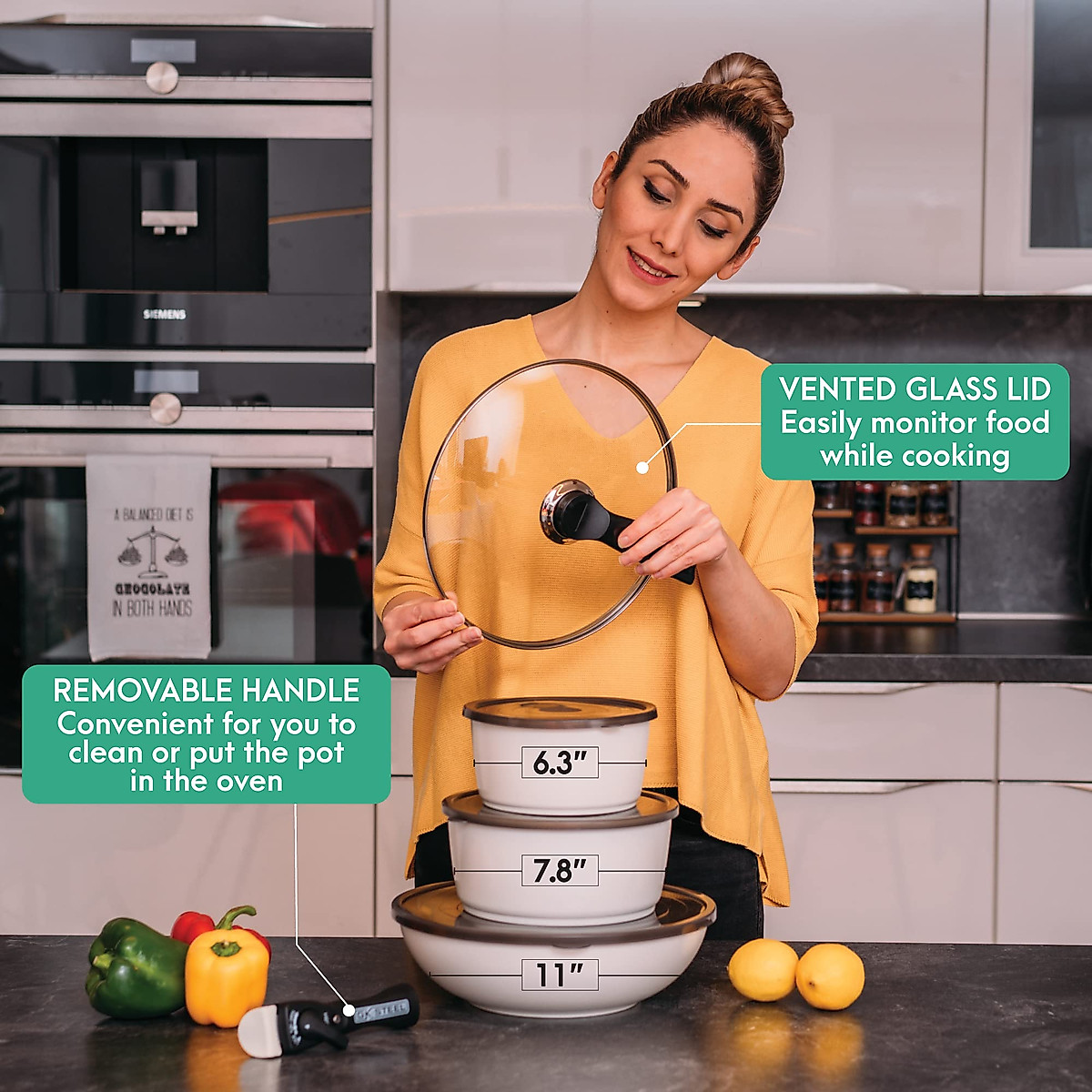 GK Steel Ceramic Detachable Pots and Pans Set - Ceramic Pots and Pans with Titanium Diamond Coating, Oven and Induction Safe(Warm White-3 Piece)