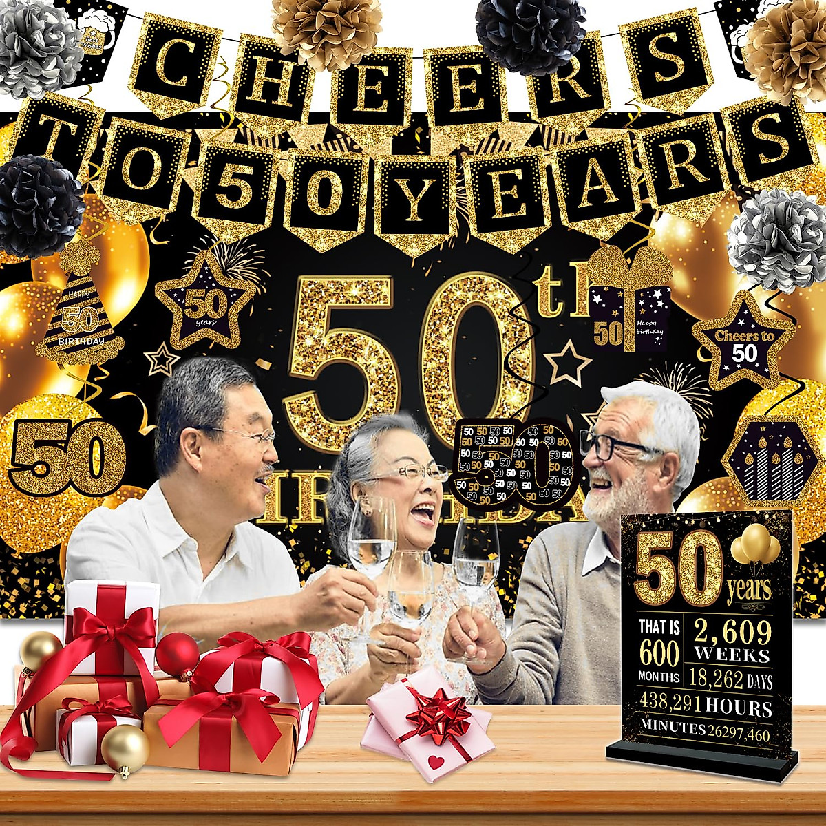 50th Birthday Decorations for Men Women,16PCS 50th birthday banner Party Decorations ,Including Happy 50th Birthday Banner,50 Anniversary Card,Cheers to 50 years banner,7 Hanging Swirl,6 paper Poms