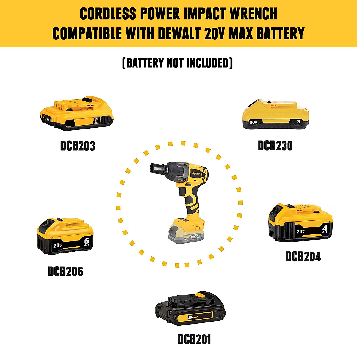 WITLIGHT Cordless Impact Wrench, Compatible w/ 20V Max Battery (NOT Included), Mellif 1/2" High Torque (258Ft.lbs/350N.m) Brushless Impact Driver 3 Speeds & Memory Mode & LED light, Yellow