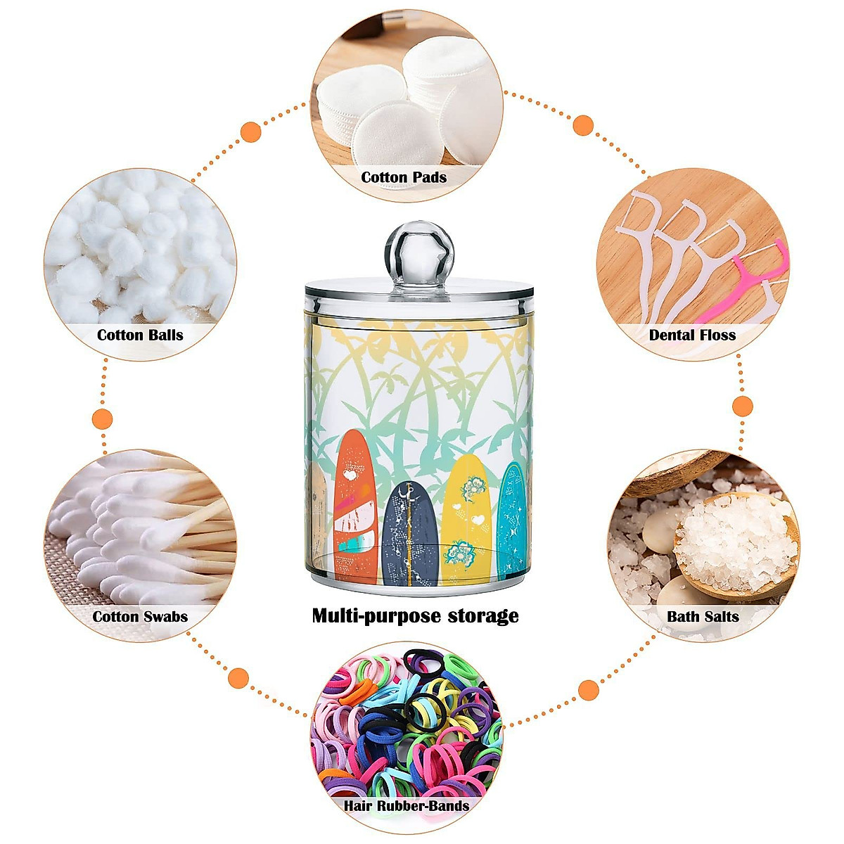 susiyo 2 Pack Bathroom Vanity Storage Organizer Canister Palm Trees Surf Boards Plastic Apothecary Jar Containers Qtip Holder Dispenser for Cotton Balls, Swabs, Makeup Sponges, Bath Salts, Hair Clips