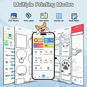 Mini Printer Sticker Printer Print Pod with 6 Rolls Sticker Paper, Seven Color Lighting Modes for DIY Scrapbook, Travel, Notes, Label, Memo, Compatible with iOS&Android