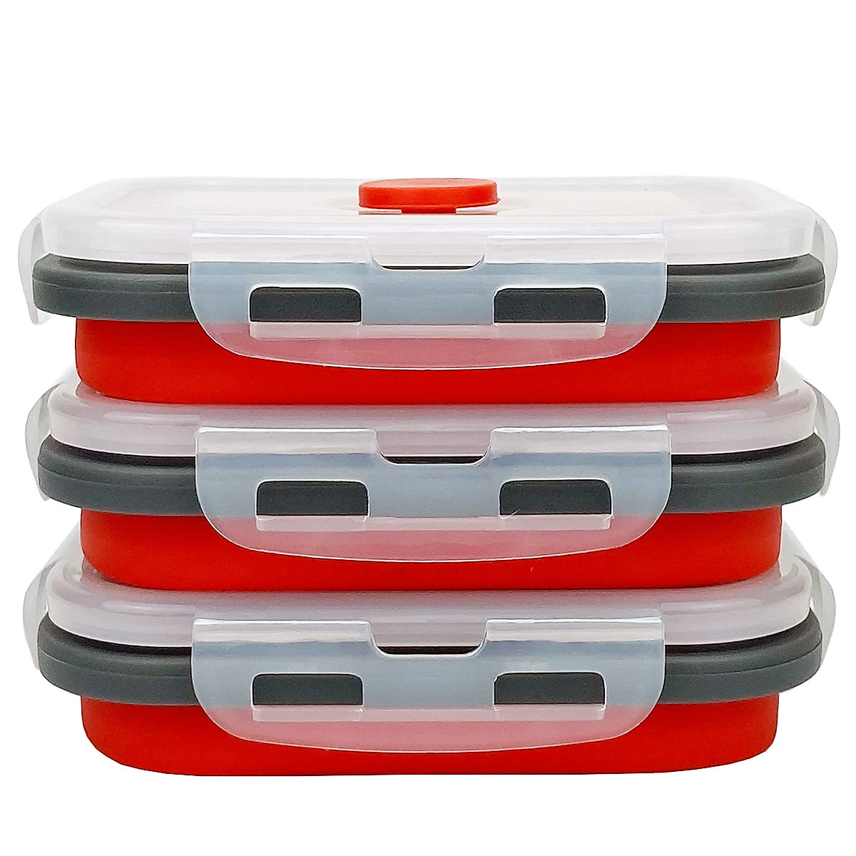 CCyanzi 3piece Collapsible Food Storage Containers with Lids, Silicone Lunch Container, Microwave & Freezer Safe, Space Saving for Kitchen Cabinet and Camping Backpack,(red gray)