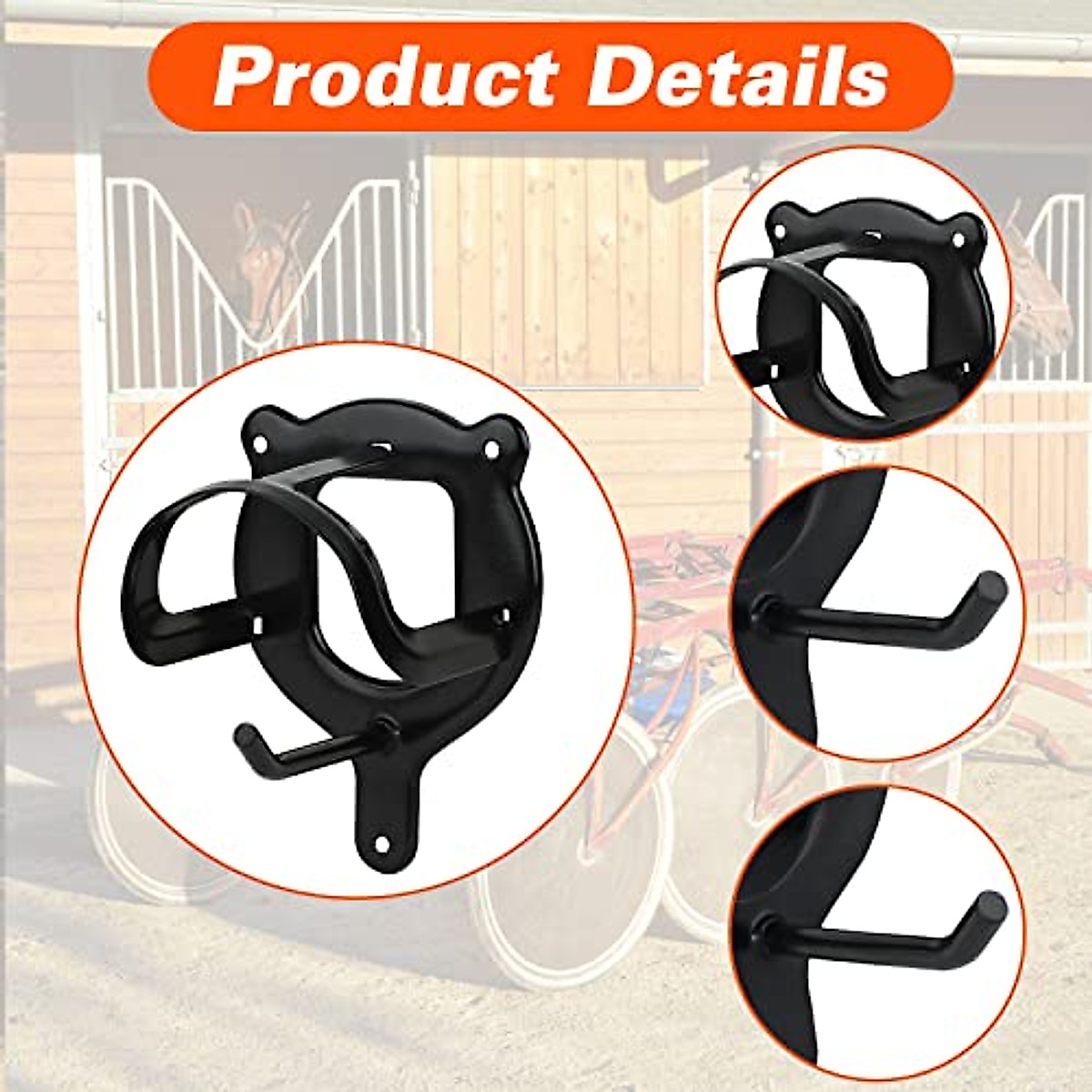 jeonan 4 Pack Horse Bridle Rack Black Bridle Bracket Metal Bridle Hook Wall Mounted Halter Hanger with Mounting Screws and Expansion Pins for Horse Barn Supplies