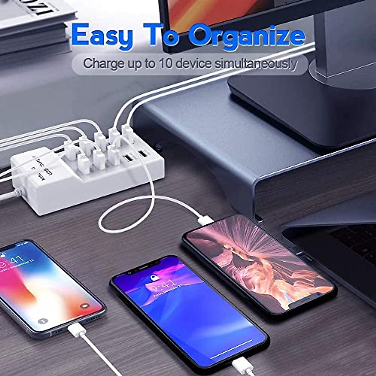 USB Charging Stations 50w10A 10 Ports Multiple Charging Block/Power USB Strip for iPhone Android Smartphone Tablet Smart Watch AirPods Samsung and Multiple Charger Plug
