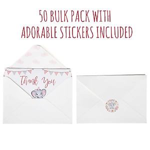 VNS Creations 50 Baby shower thank you cards with envelopes - Baby Shower Thank You Cards - Baby Shower Cards - Elephant Baby Shower Thank You Cards - Baby Girl Shower Card with Envelopes & Stickers