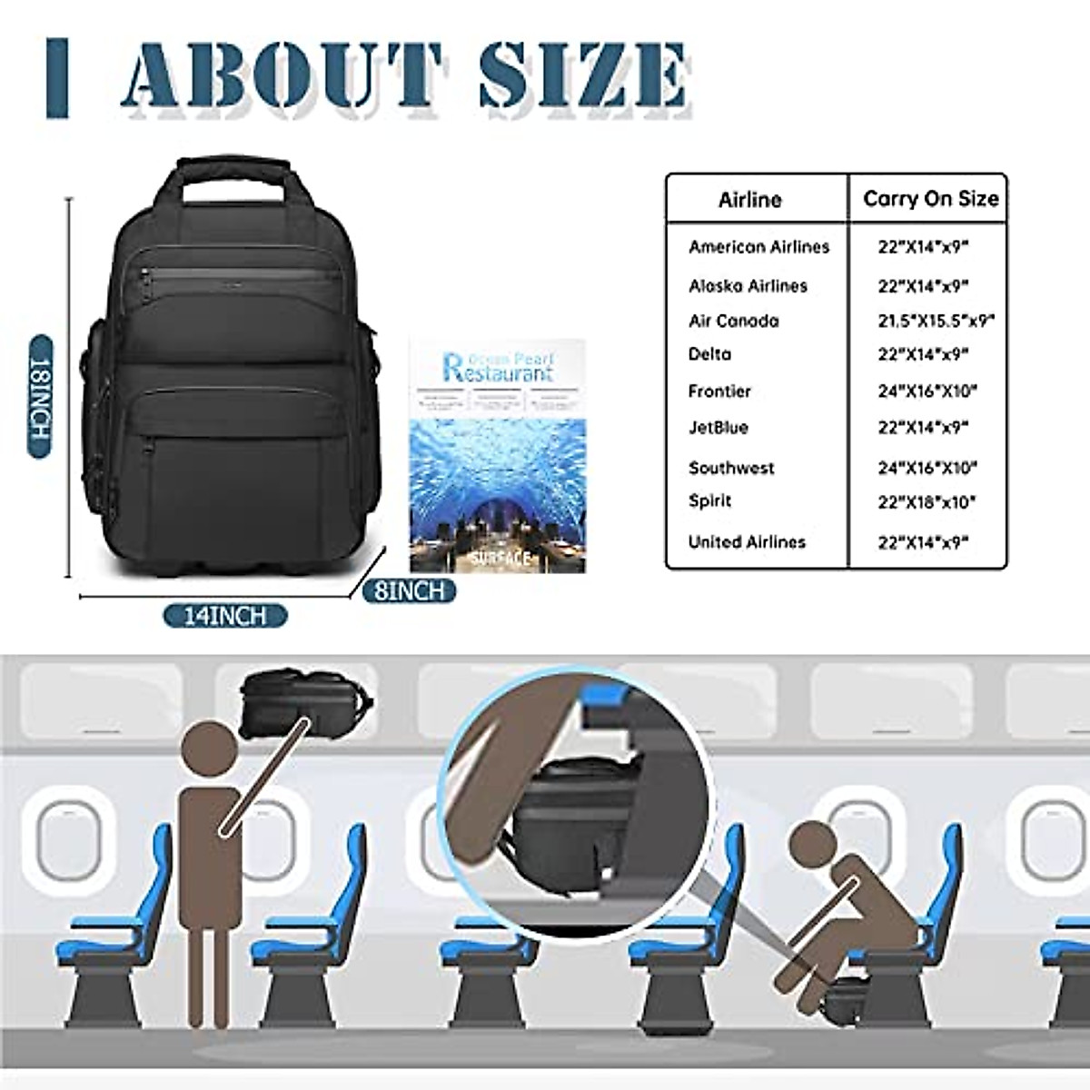 OZUKO Carry On Underseat Multi-functional, 18-inch Underseater Lightweight Overnight Suitcase with Wheels for Travel Business(Black, Carry-On 18-Inch)