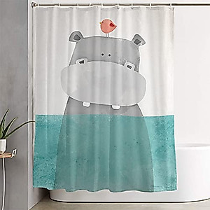 LOKMU 4 Pcs Shower Curtain Sets with Non-Slip Rugs, Toilet Lid Cover and Bath Mat,Blue Nursery Hippo in Water Gray Cute Bird Waterproof Shower Curtain with 12 Hooks, Bathroom Decor Sets, 72" x 72"