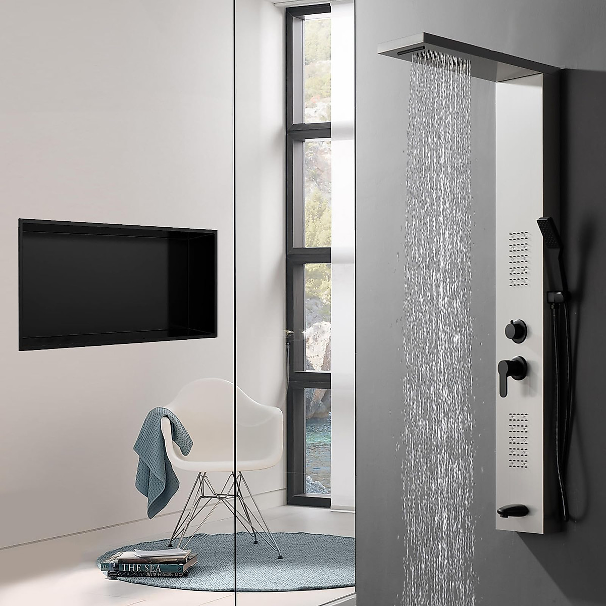 BWE Stainless Steel Shower Niche, 24" X 12" X 4" Large Volume Bathroom Wall Niche,No Tile Needed,Recessed Shower Shelf Organizer for Storage,One Inner Shelf,Matte Black