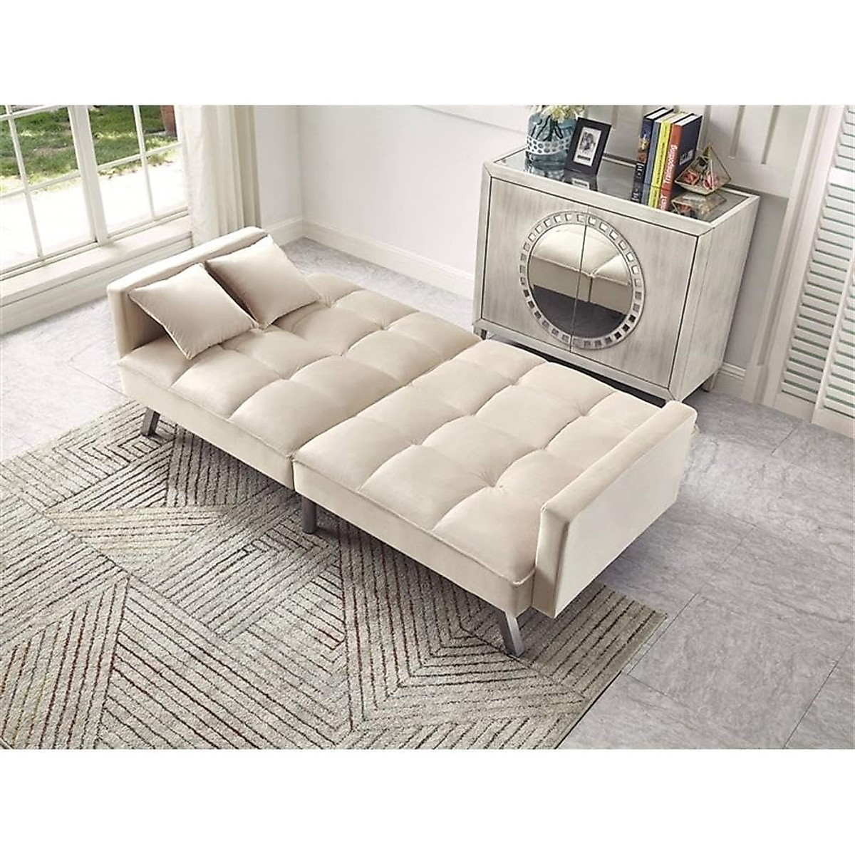 Legend Furniture 80'' Velvet Fabric Convertible Futon Bed with Two Pillows, Sleeper Sofa Couch with 3 Adjustable Backrests, Large Sleeping Area Sofabed, Cream