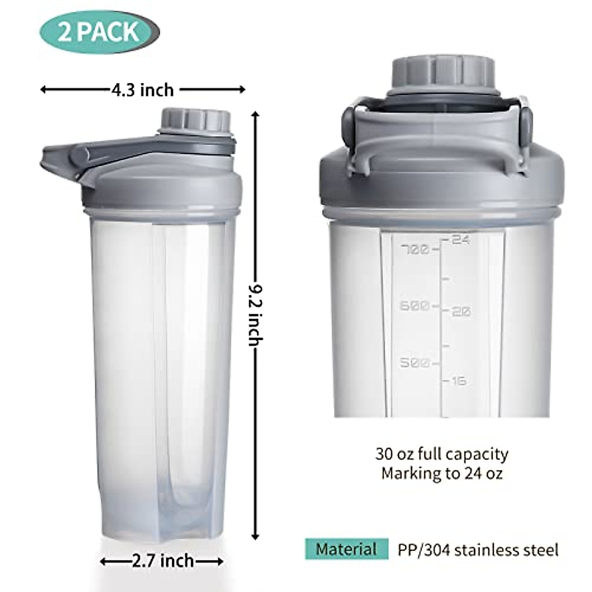 Lyeasw 24 OZ Shaker Bottle for Protein Mixes, BPA Free Leakproof Portable Clear Shaker Cups for Workout, 2 Pack