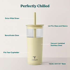 REDUCE Aspen 20 oz Vacuum Insulated Glass Tumbler with Lid & Extra Wide Straw - Keeps Drinks Cold for 12 Hrs - Ideal for Iced Coffee, Smoothies & Boba - Dishwasher Safe, Soft Base - French Vanilla
