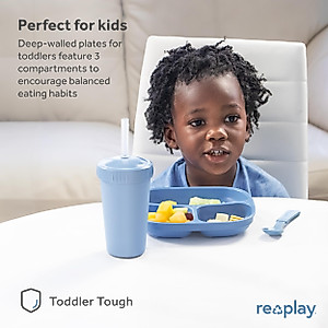 Re-Play Made in USA Deep Walled 3 Compartment Plates, Pack of 6 - Reusable Divided Plates for Kids, Dishwasher and Microwave Safe - Durable Toddler Plates 7.37" x 7.37" x 1.25", Meadow