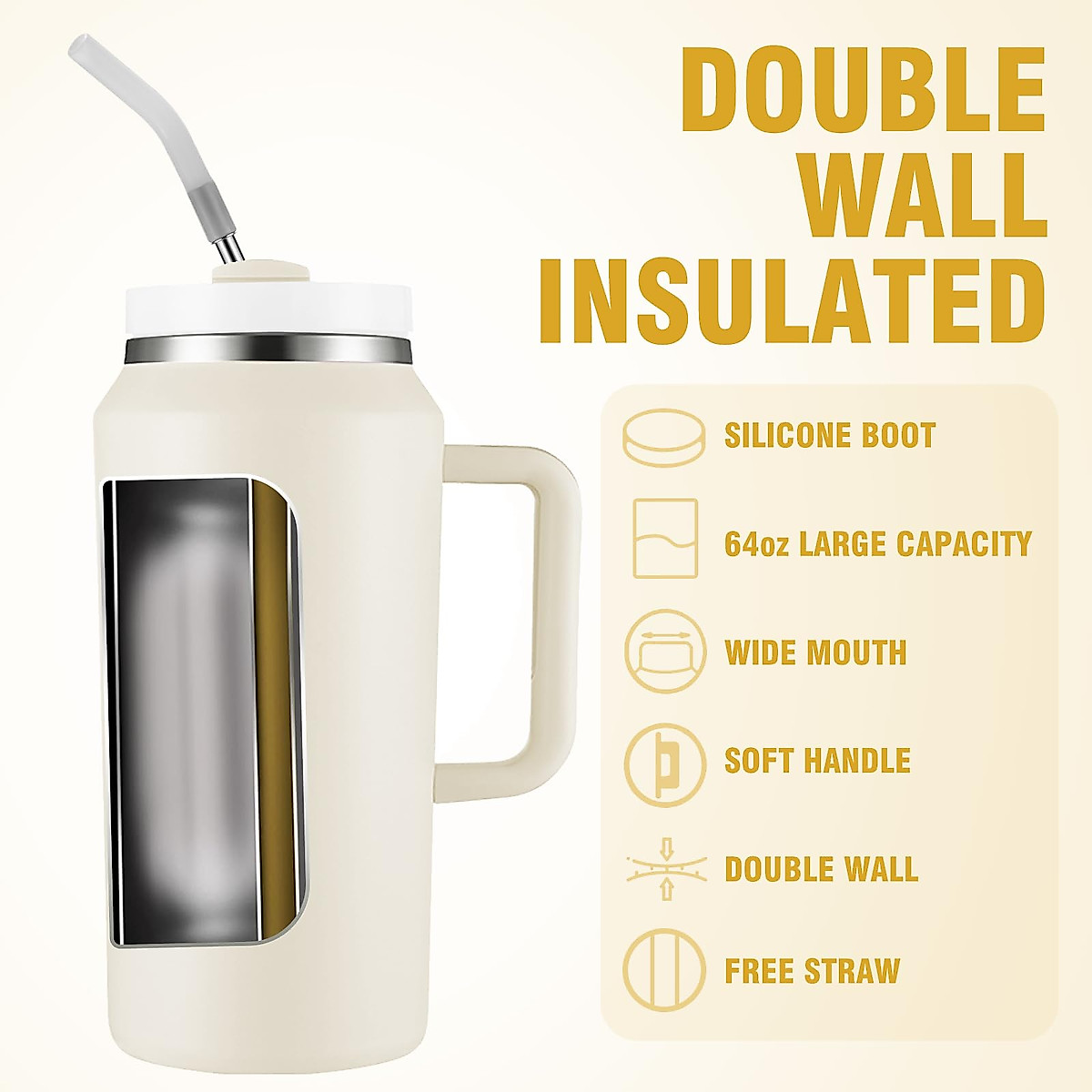 PlanetFlame 64oz Insulated Tumbler with Handle, Stainless Steel Double Wall Vacuumn Water Bottle, Lid and Straw for School, Gym, Hiking & Camping, Cream