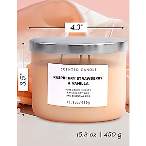 Raspberry Strawberry Vanilla Scented Candles for Home | Natural 3 Wick Soy Candle | Calming Aromatherapy Candle Gift for Women and Men | 15.8 Oz Large Relaxing Candle Highly Scented