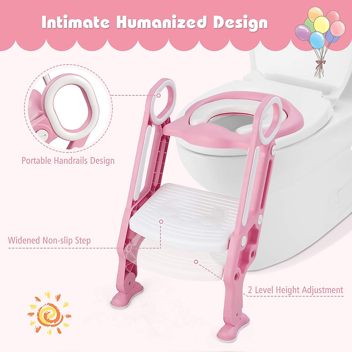 BABY JOY Kids Portable Potty Training Toilet Seat w/Step Stool Ladder, Foldable and Adjustable Toddler Toilet Training Seat Chair for Boys Girls Toddlers, Non-Slip Pads and Soft Cushion Seat (Pink)