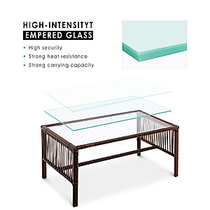 YYAO 4 PCs Outdoor Patio Rattan Furniture Conversation Sets PE Wicker Rattan Sofa Chair Cushioned Seat Furniture Set,Coffee Table with Tempered Glass Tabletop - Brown