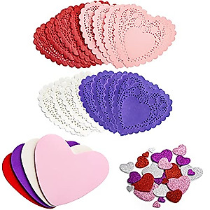 JOYIN 62 Pcs Valentines Day Heart Doilies Craft Gift Set with 50 Pcs Heart Paper Doilies, 12 Pcs Foam Hearts and 1 Bags of Glitter Foam Heart Stickers for Valentine's Day Party Tableware Decoration